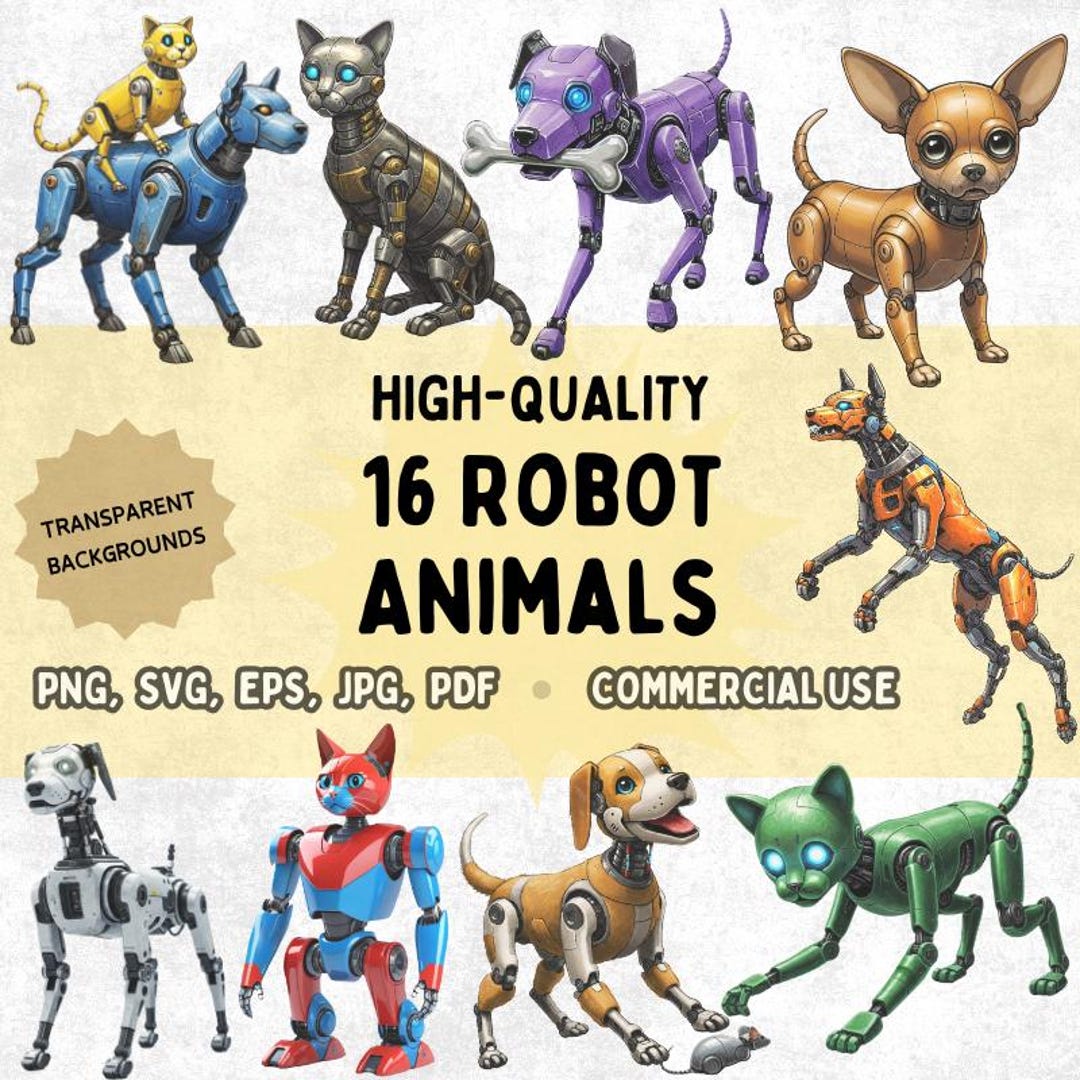 Robot Cat and Robot Dog Illustrations. 20 FULL BODY Animal Droid Images ...