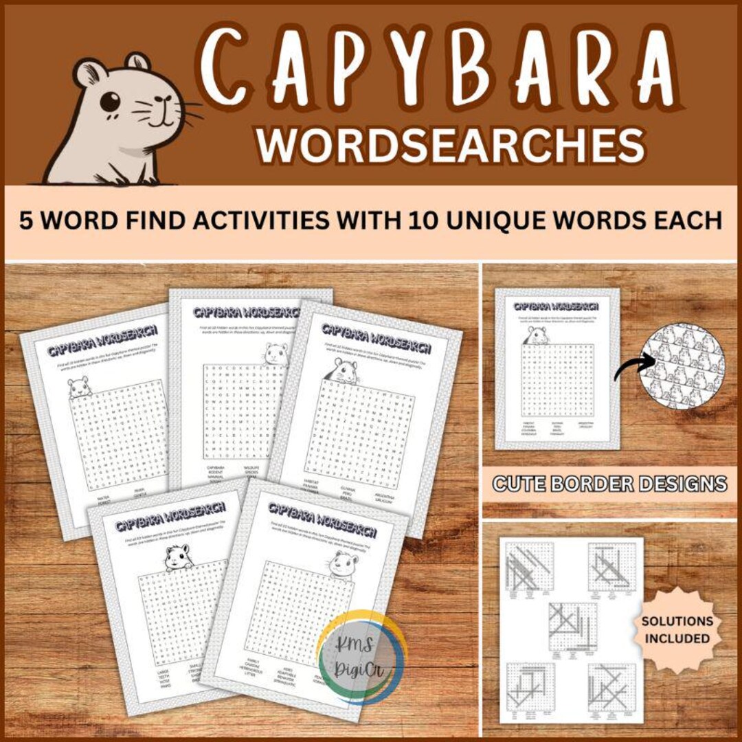 Capybara Wordsearch Puzzles. 5 Cute Word Search Sheets. Fun Activity ...