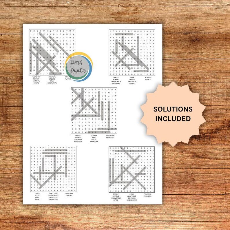 Capybara Wordsearch Puzzles. 5 Cute Word Search Sheets. Fun Activity ...