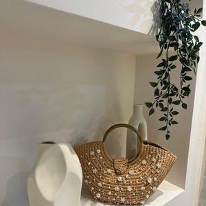 Cleopatra Bag, Handheld Raffia Basket Bag, Pearl Detailed Purse, Vegan ...