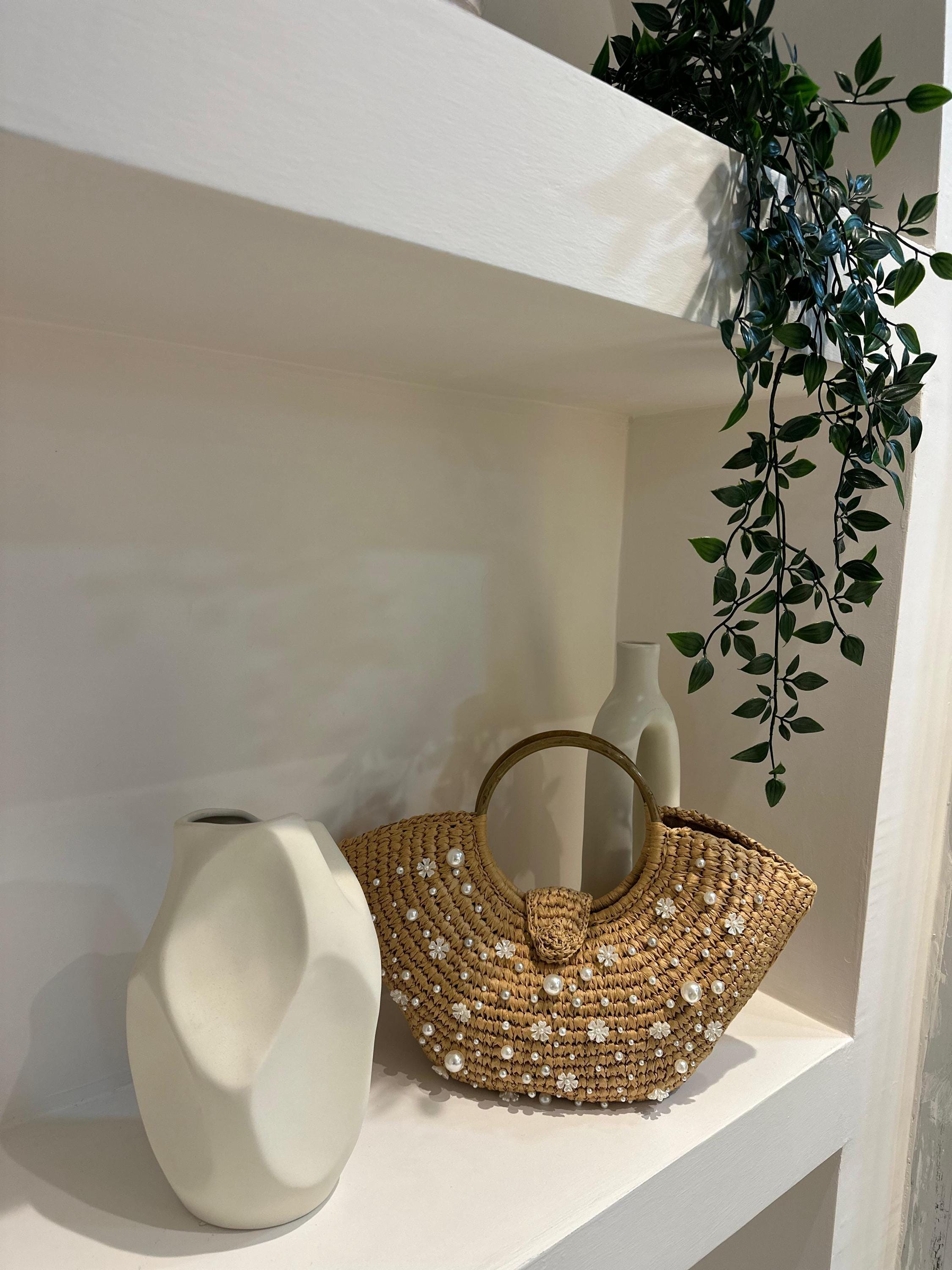 Cleopatra Bag, Handheld Raffia Basket Bag, Pearl Detailed Purse, Vegan ...