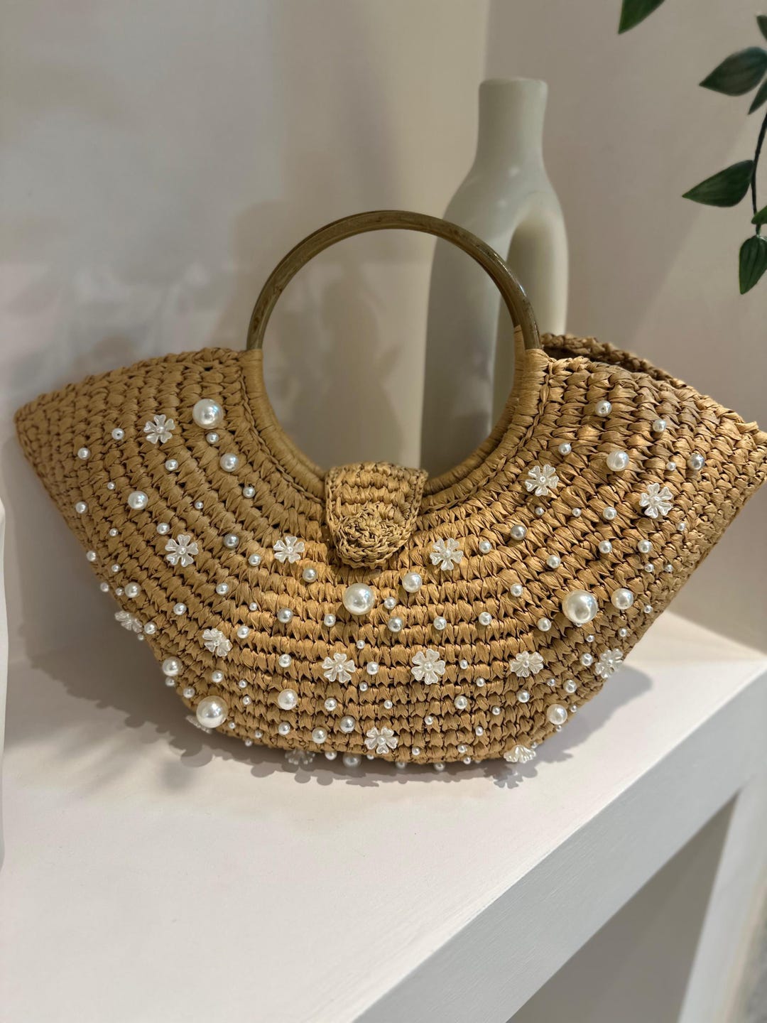 Cleopatra Bag, Handheld Raffia Basket Bag, Pearl Detailed Purse, Vegan ...