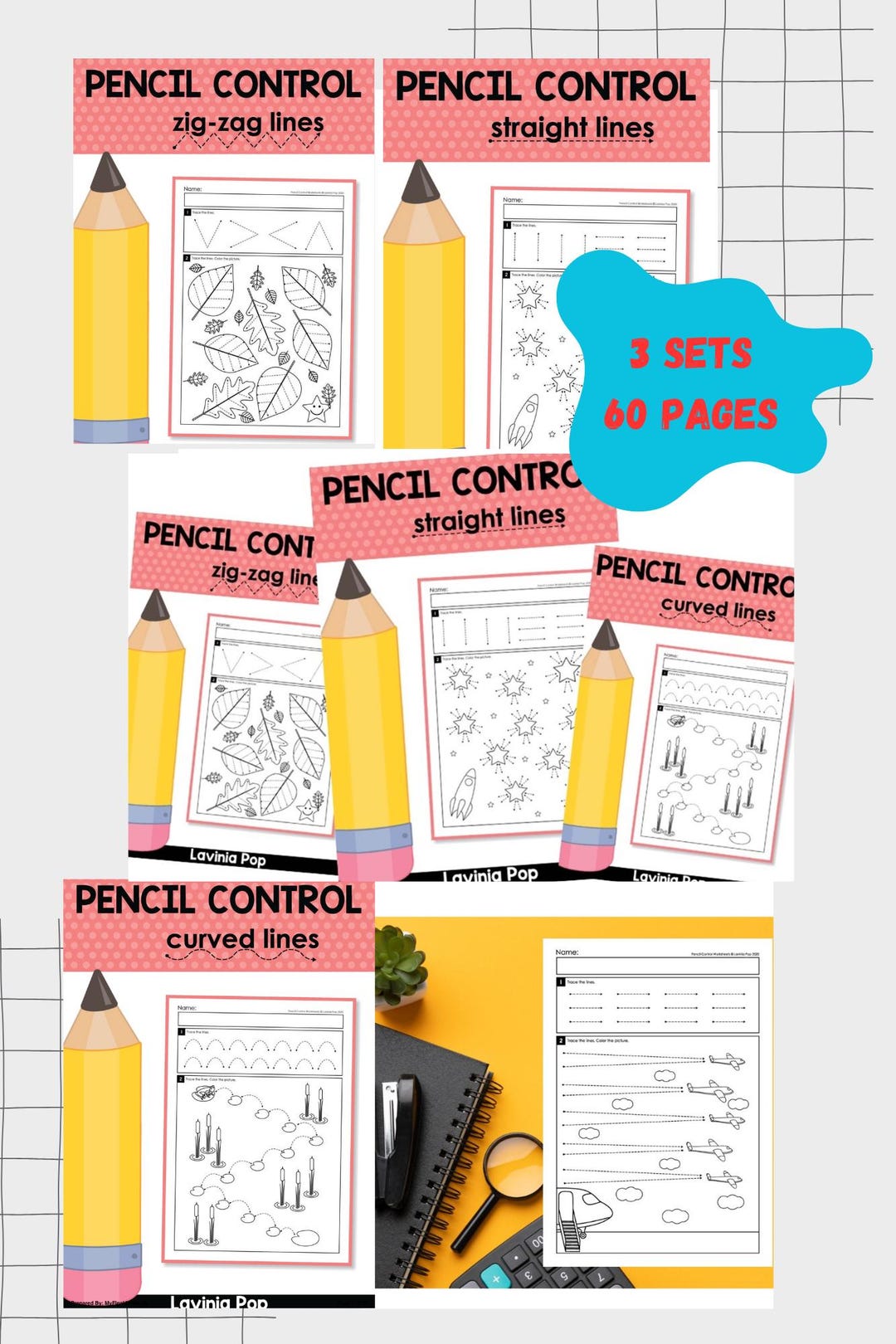 Bundle 3 Sets, 66 Pages Pencil Control Worksheets, Handwriting Practice ...