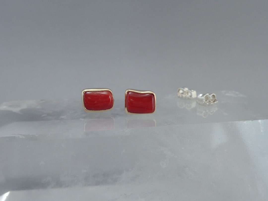 Natural Red Coral Stud Earrings in 18k Gold and Sterling, Small Post ...