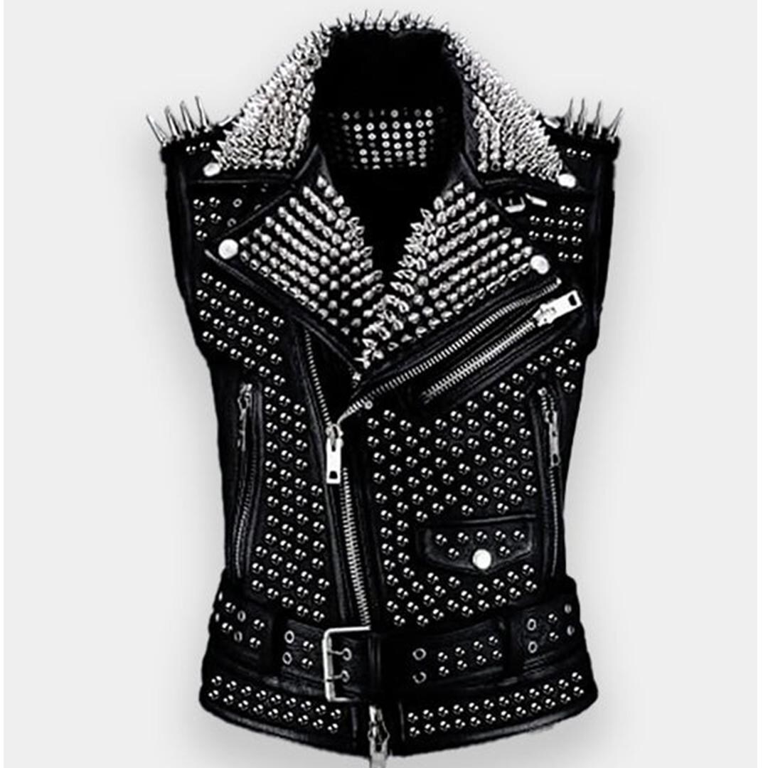 Men's Spiked Studded Black Leather Motorcycle Vest: Punk Bikers Club ...