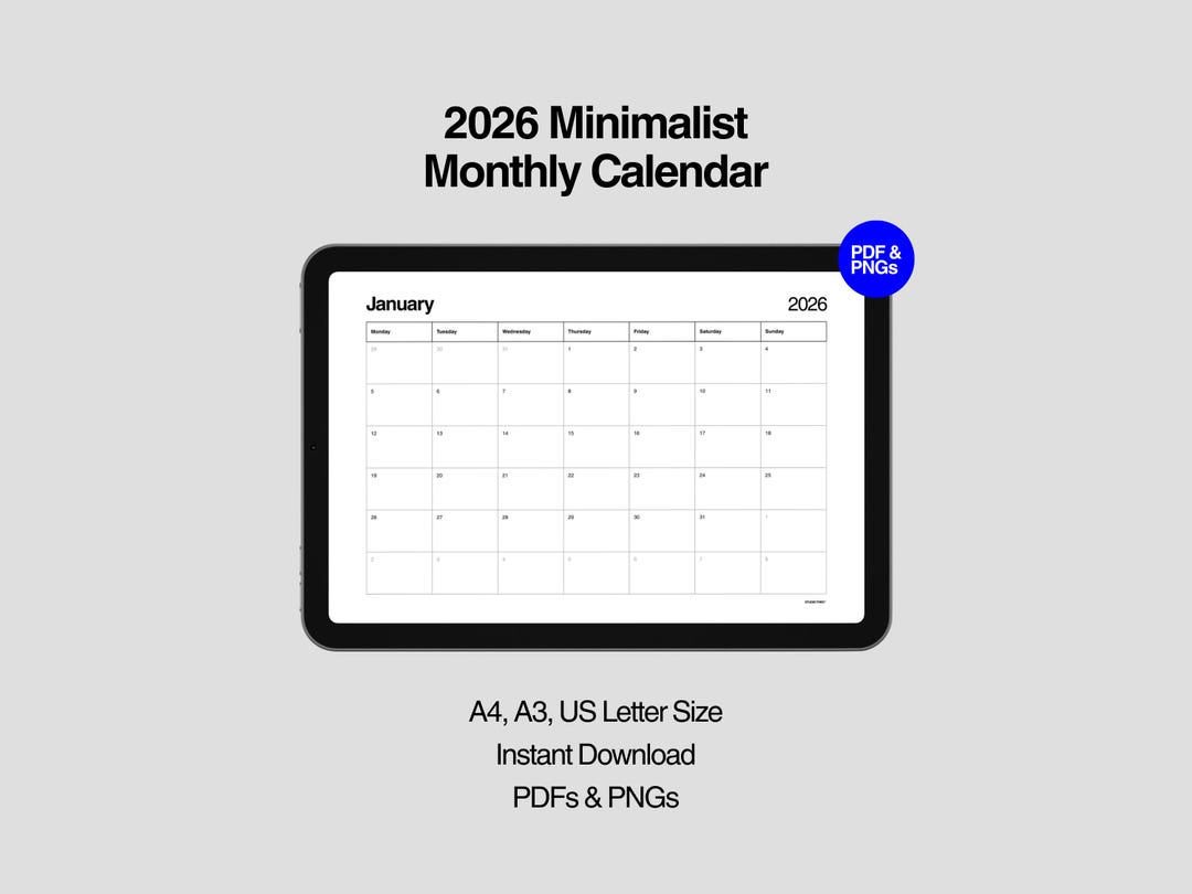 2026 Minimalist Calendar | Printable Monthly Planner | A4, A3, US ...