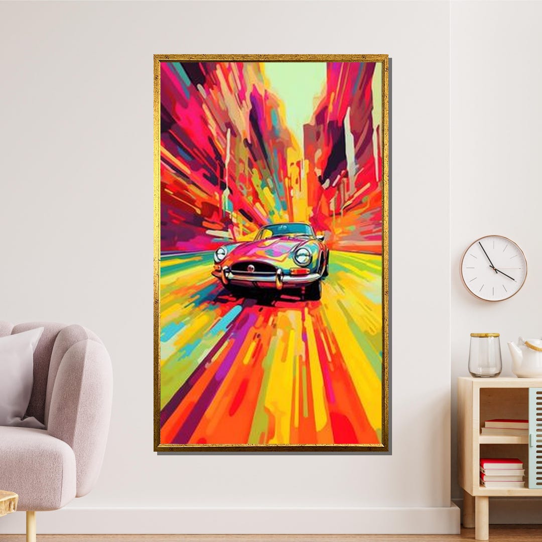 Retro Car in Vibrant City Canvas, Abstract Colorful Racing Car Art ...