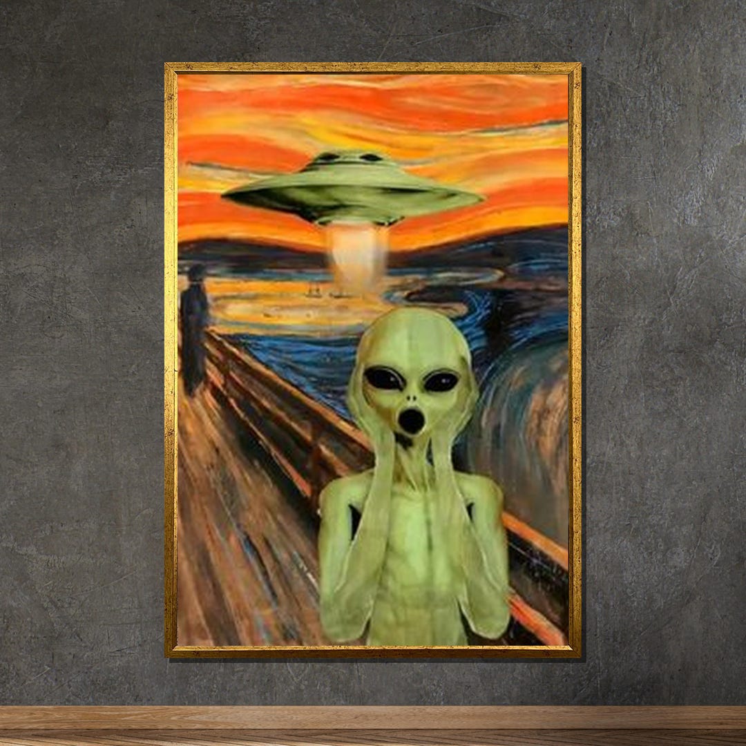 Alien Scream Canvas, UFO Parody Wall Art, Whimsical Sci-fi Artwork, Pop ...