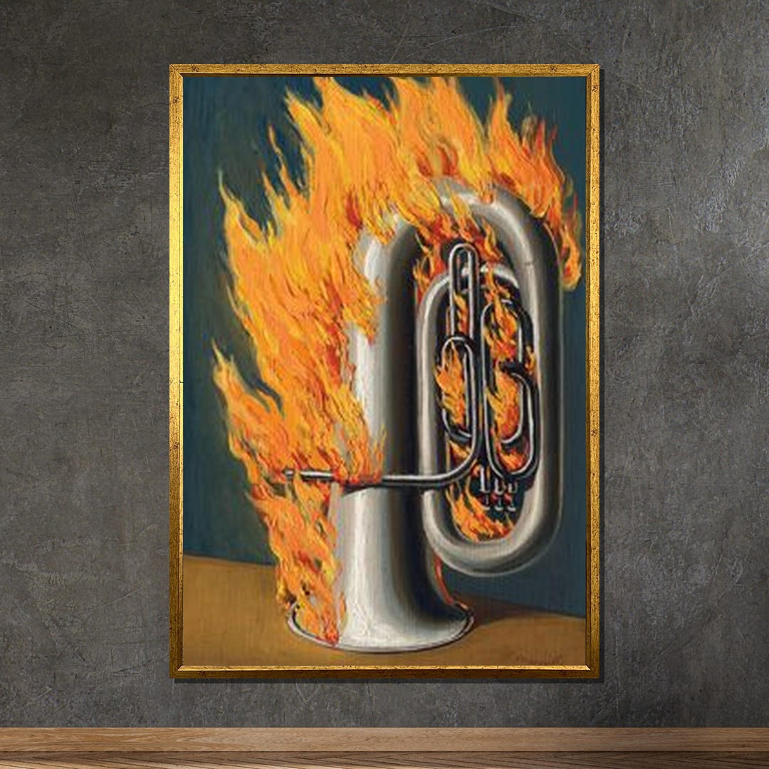 Surreal Flaming Tuba Canvas, Magritte Inspired Musical Art, Fiery Brass ...