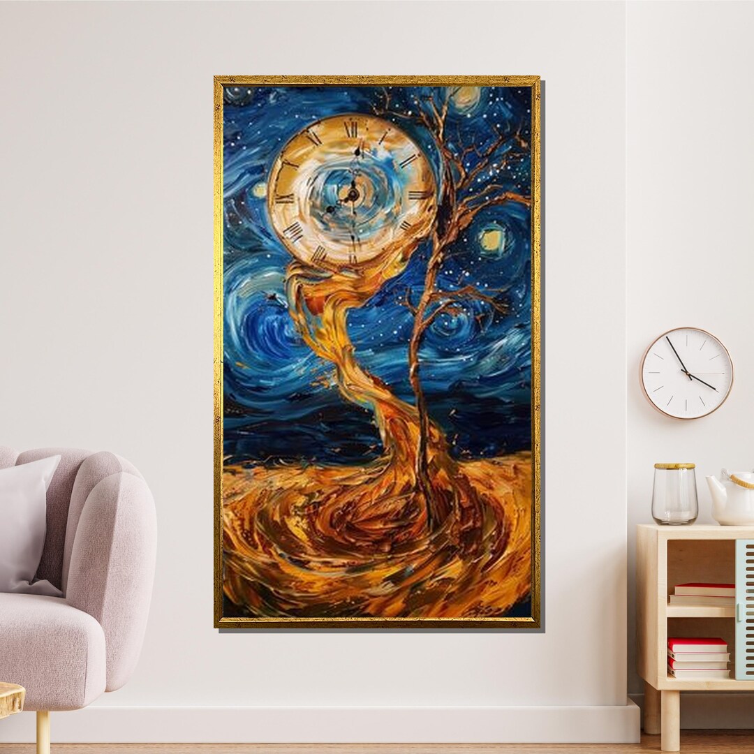 Surreal Clock Tree Canvas, Starry Night Time Art, Van Gogh Surrealist ...