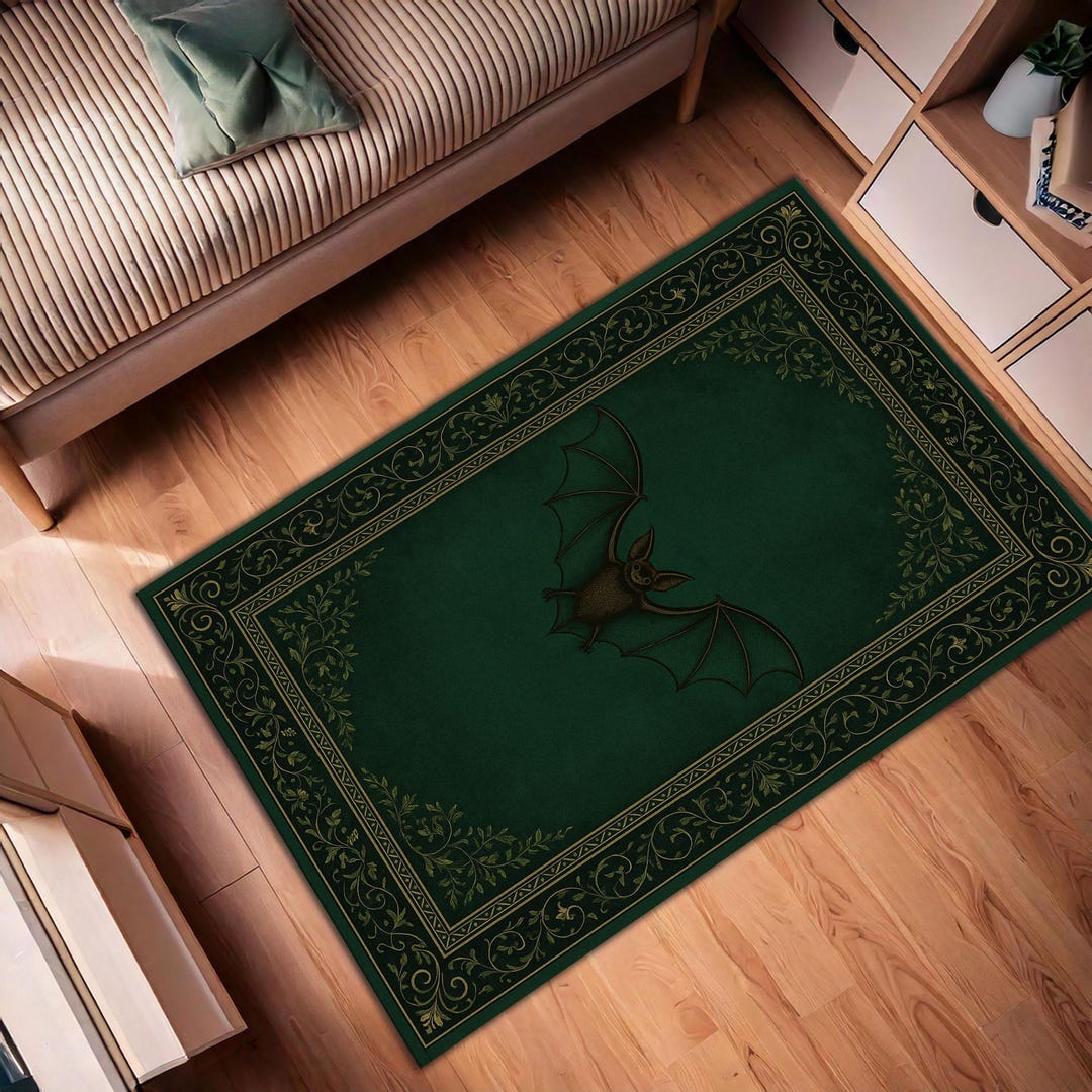 Gothic Bat Rug – Dark Green Vintage Area Rug With Ornamental Frame ...