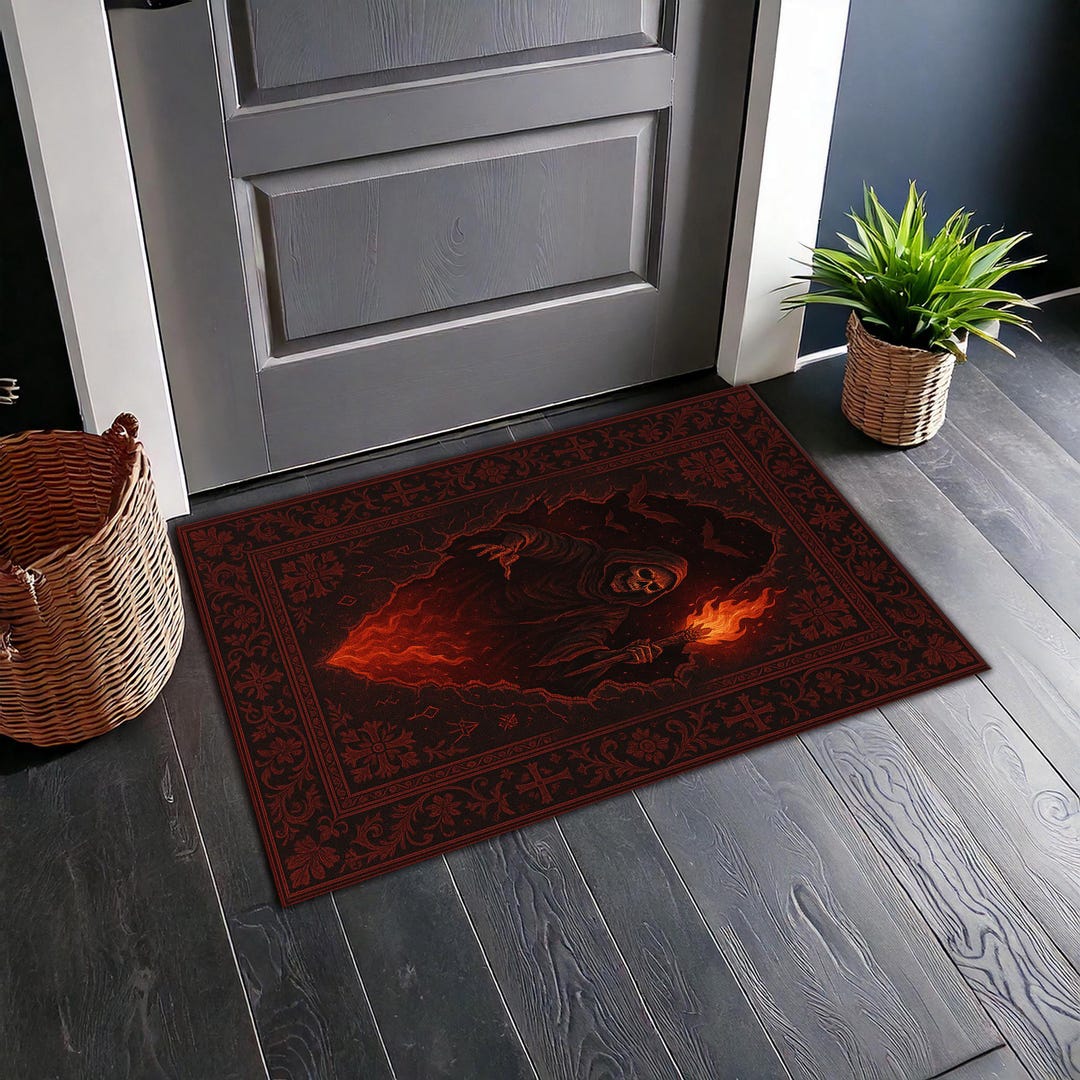 Gothic Reaper Rug With Skull Dead Rug, Dark Red Oriental Border Eug ...