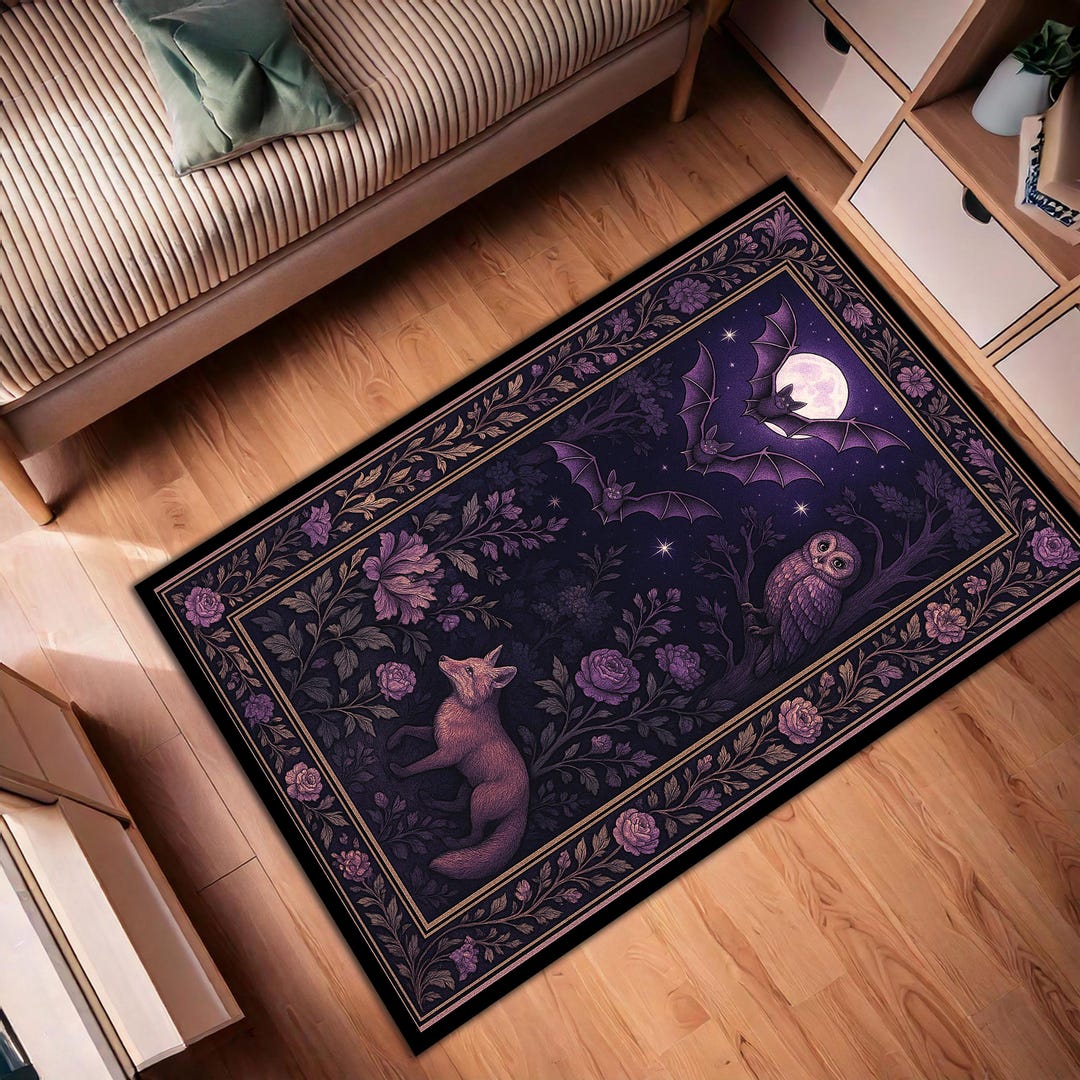 Enchanted Forest Rug – Gothic Night Fox Owl Bat Rug, Purple Witchy Moon ...