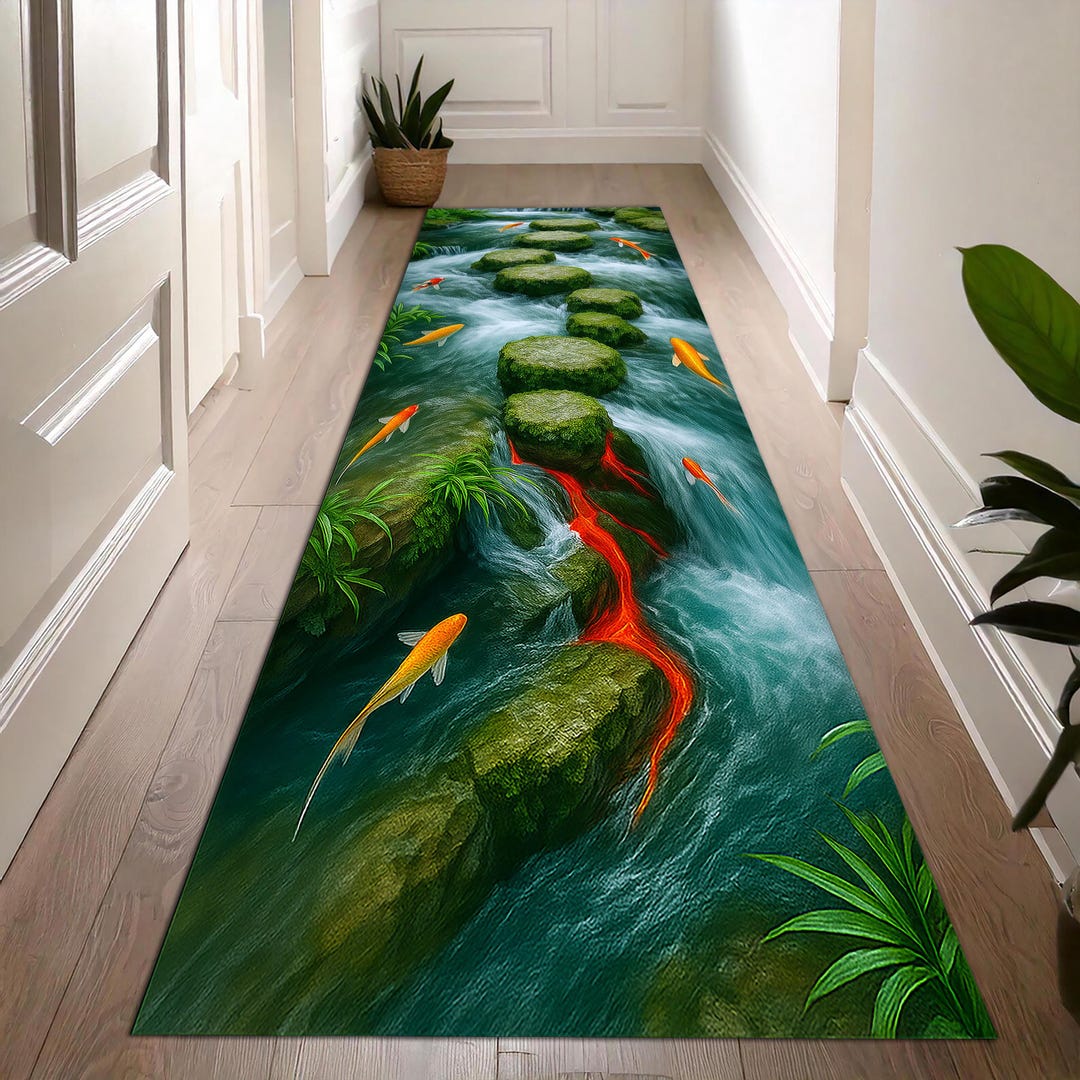 Koi Fish Waterfall Runner Rug – 3D Illusion Nature Carpet for Hallway ...