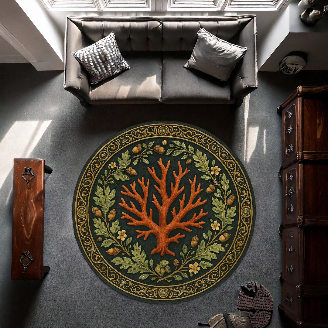 Oak Tree Branch Round Rug – Botanical Nature Rug With Acorns & Leaves ...