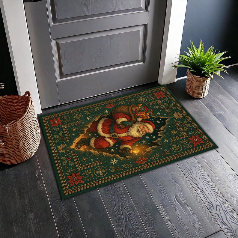 Christmas Santa Rug With Gifts and Holiday Border, Festive Vintage ...