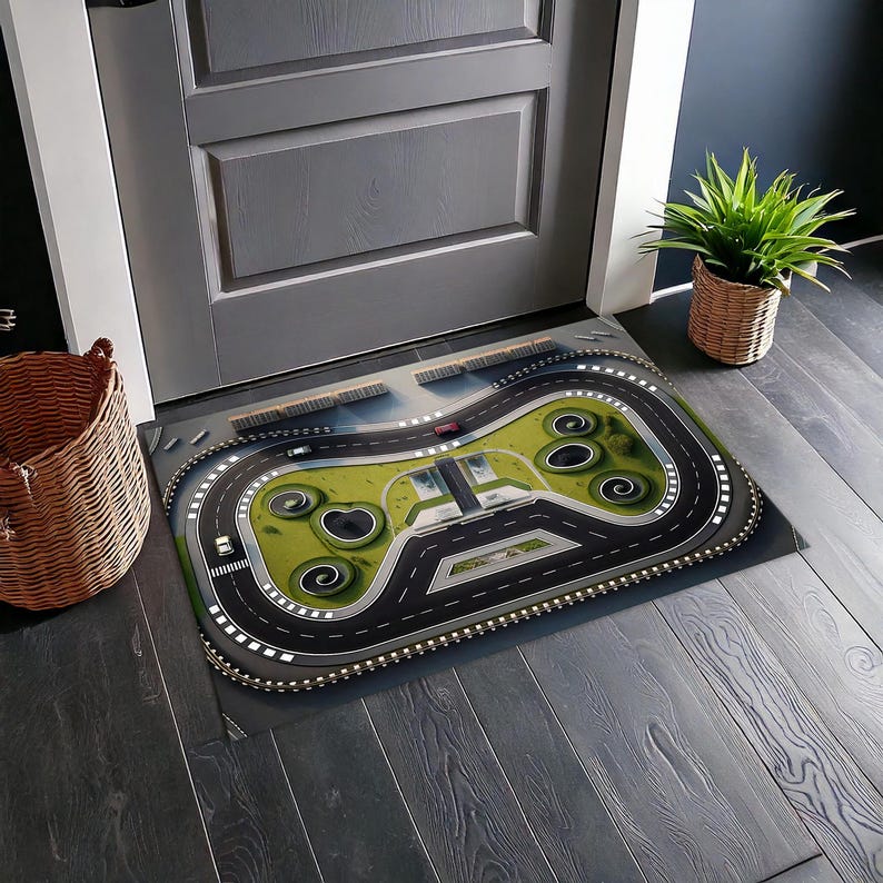 Racetrack Lines Rug, Race Car Road Mat, Track Play Room Mat, Race Track ...