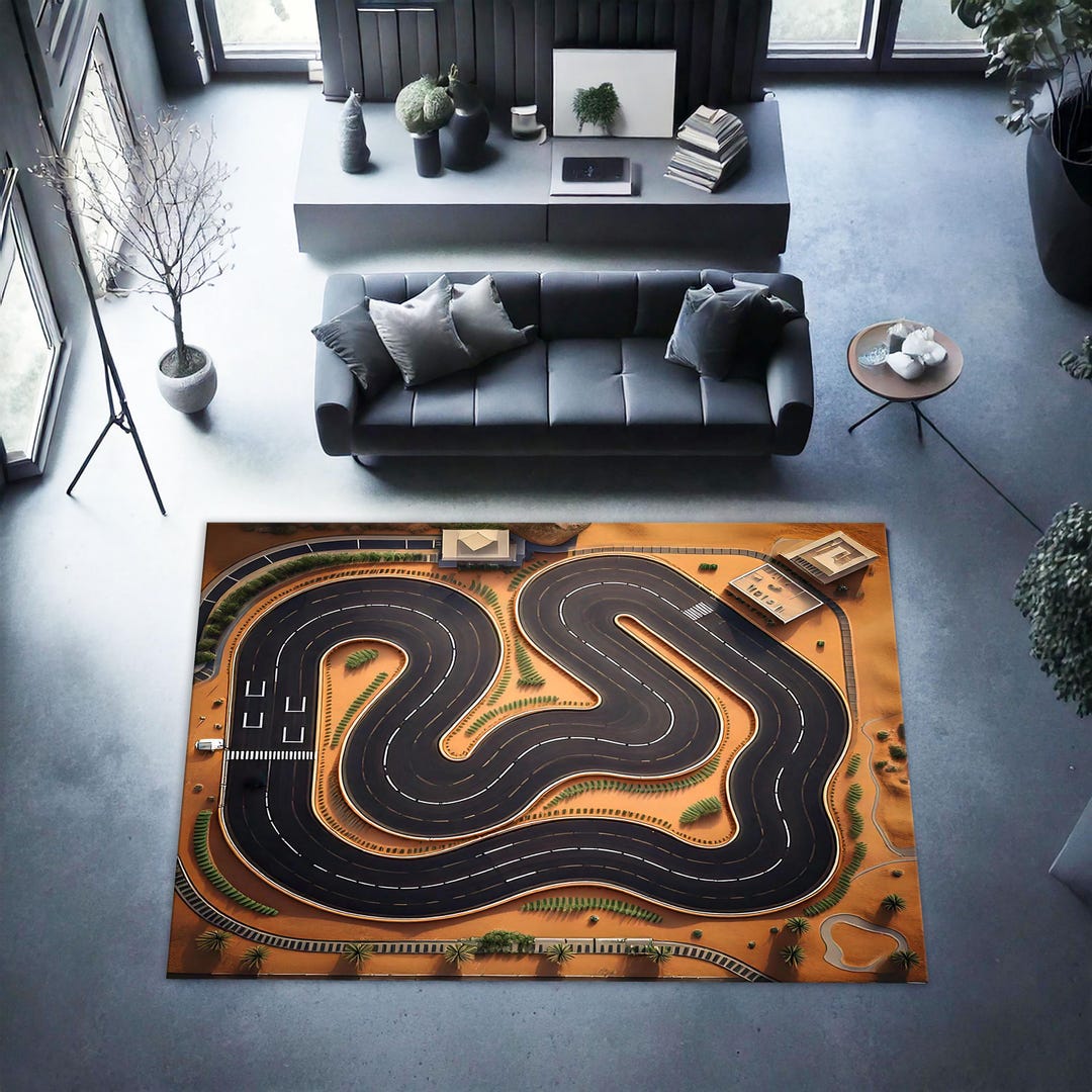 Racetrack Lines Rug, Race Car Road Mat, Track Play Room Mat, Race Track ...