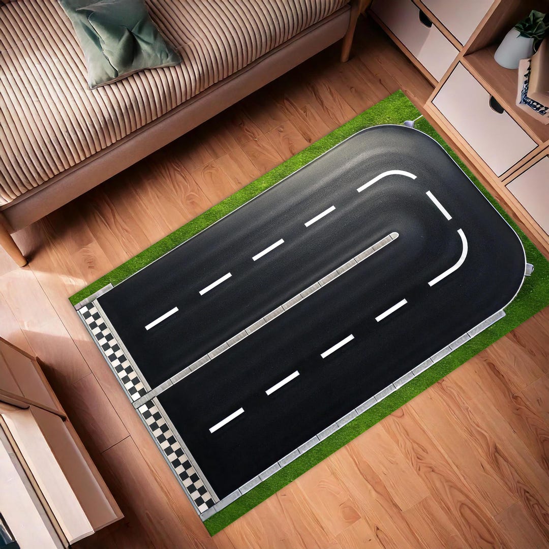Racetrack Lines Rug, Race Car Road Mat, Track Play Room Mat, Race Track ...
