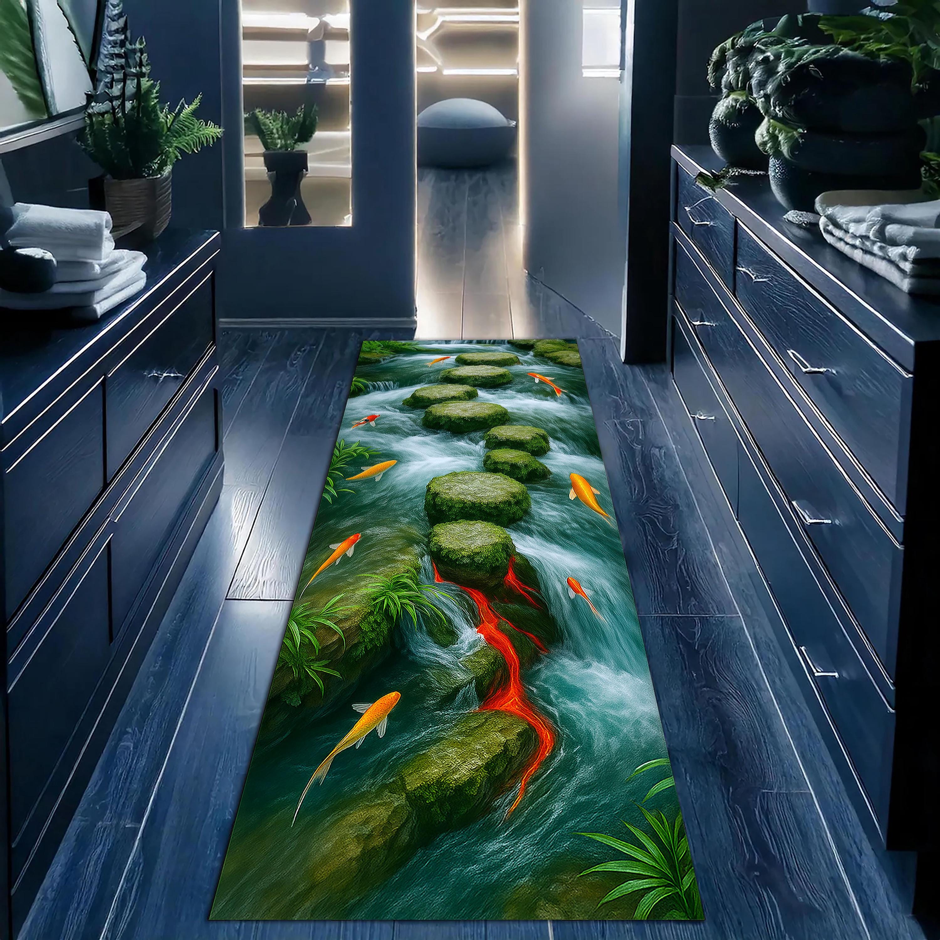 Koi Fish Waterfall Runner Rug – 3D Illusion Nature Carpet for Hallway ...
