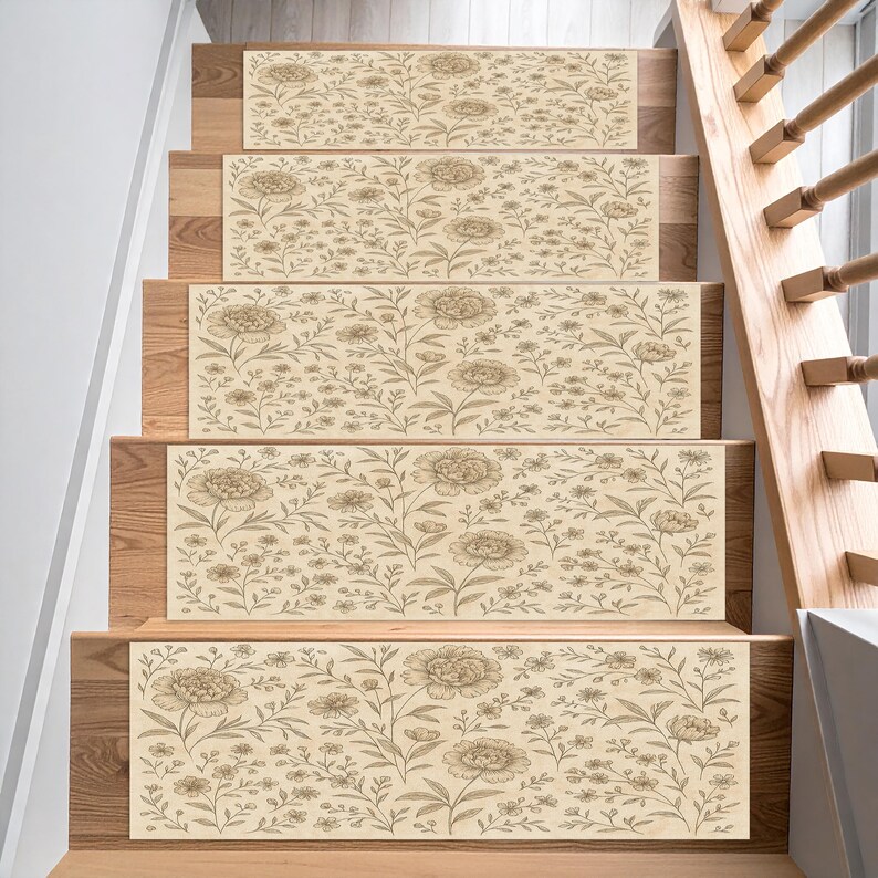 Beige Floral Stair Treads – Non-slip Botanical Pattern Runners ...