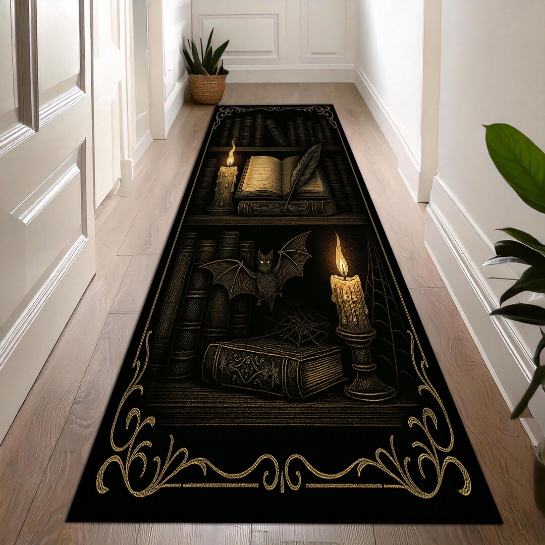 Gothic Library Runner Rug – Black Witchy Corridor Carpet With Books ...