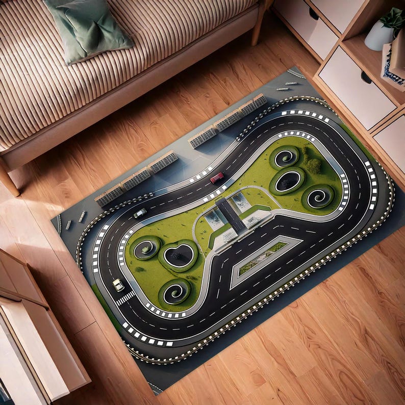 Racetrack Lines Rug, Race Car Road Mat, Track Play Room Mat, Race Track ...