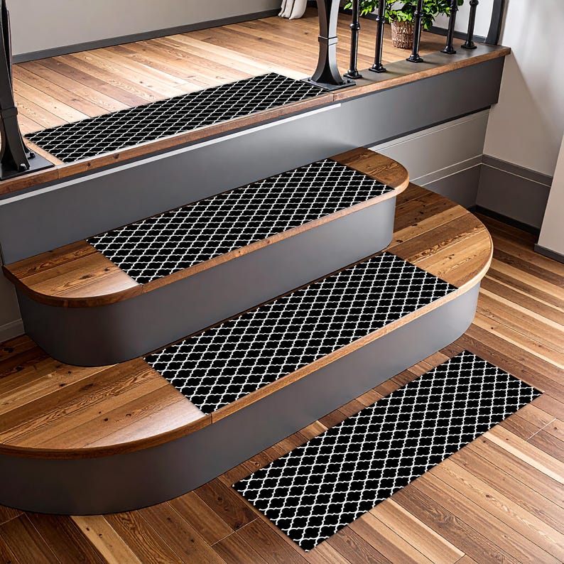 Black and White Trellis Stair Treads – Modern Non-slip Rug Strips for ...
