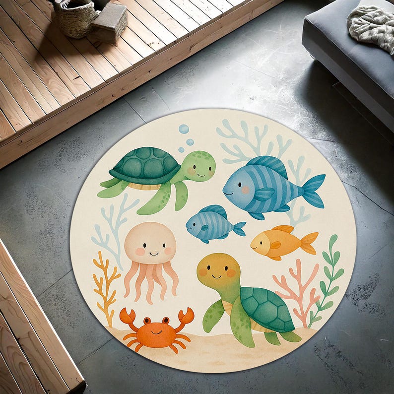 Underwater Ocean Animal Round Rug – Cute Sea Turtle, Fish, Octopus ...