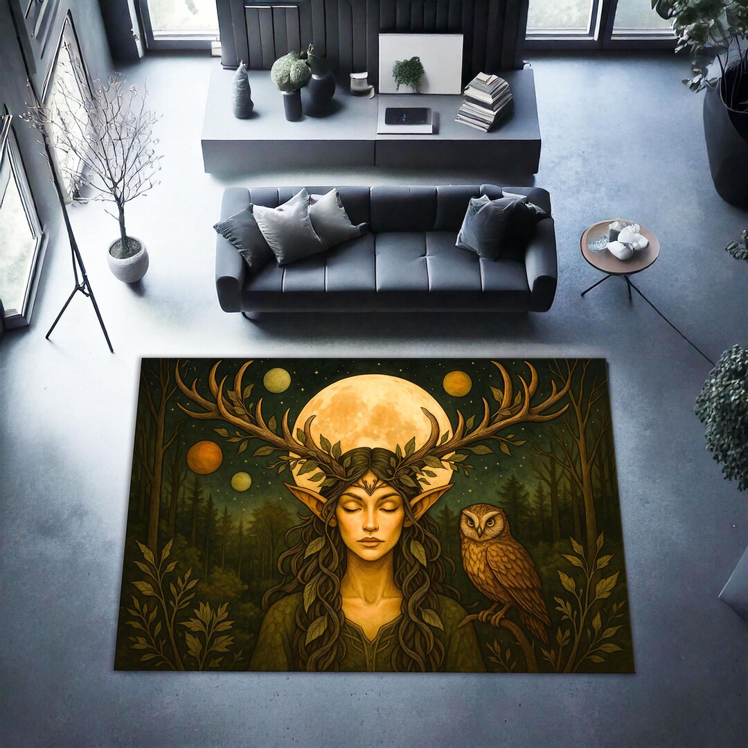 Moon Forest Elf Rug – Mystical Goddess and Owl Area Carpet – Fantasy ...