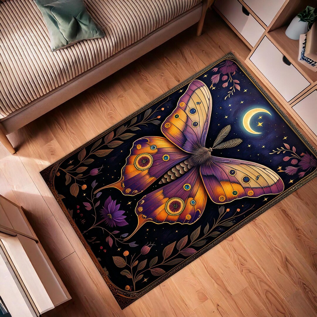 Luna Moth Area Rug, Moon Butterfly Bedroom Art Rug, Cottagecore Decor ...