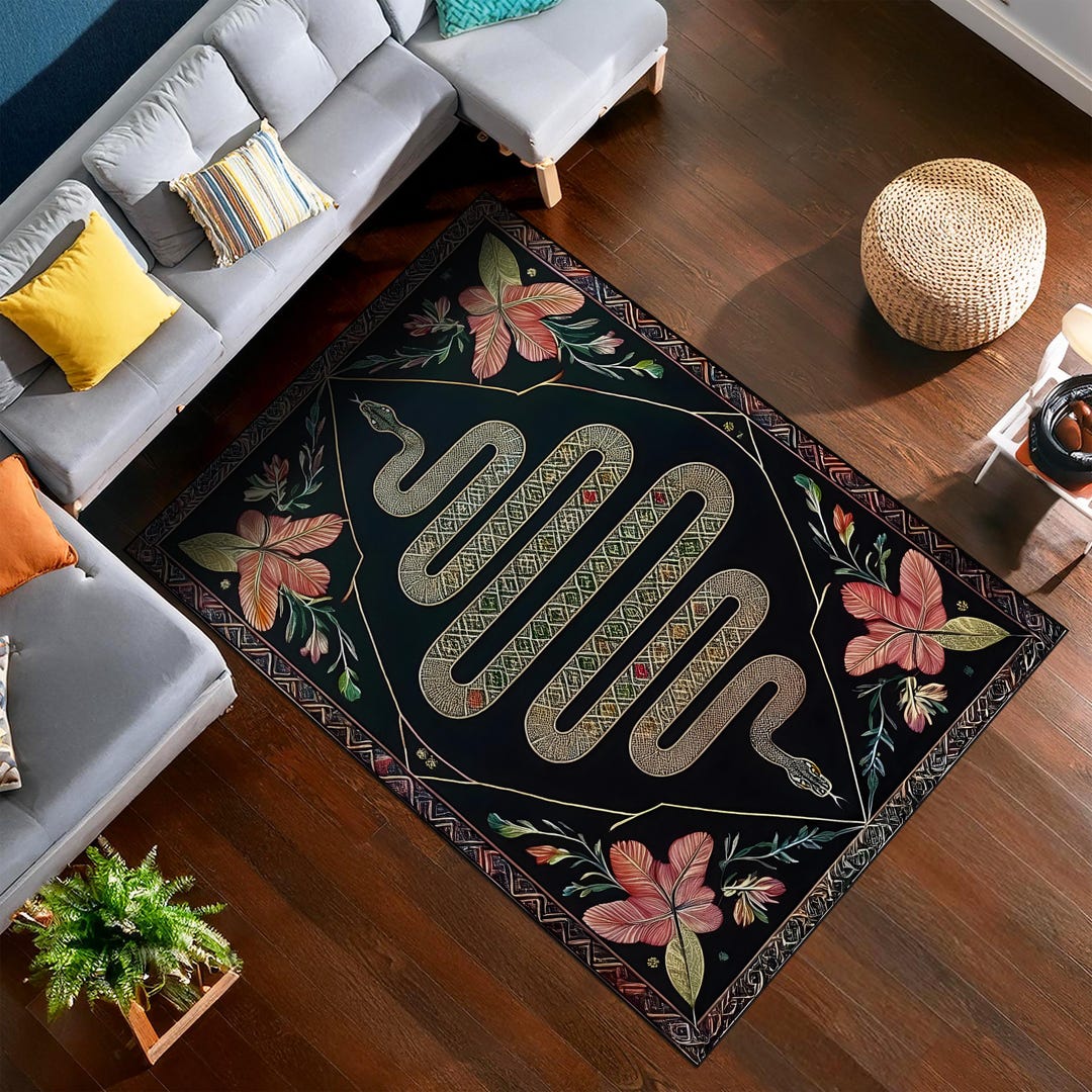 Green Snake Rug, Floral Snake Rug, Gothic Rug for Gothic Room, Abstract ...