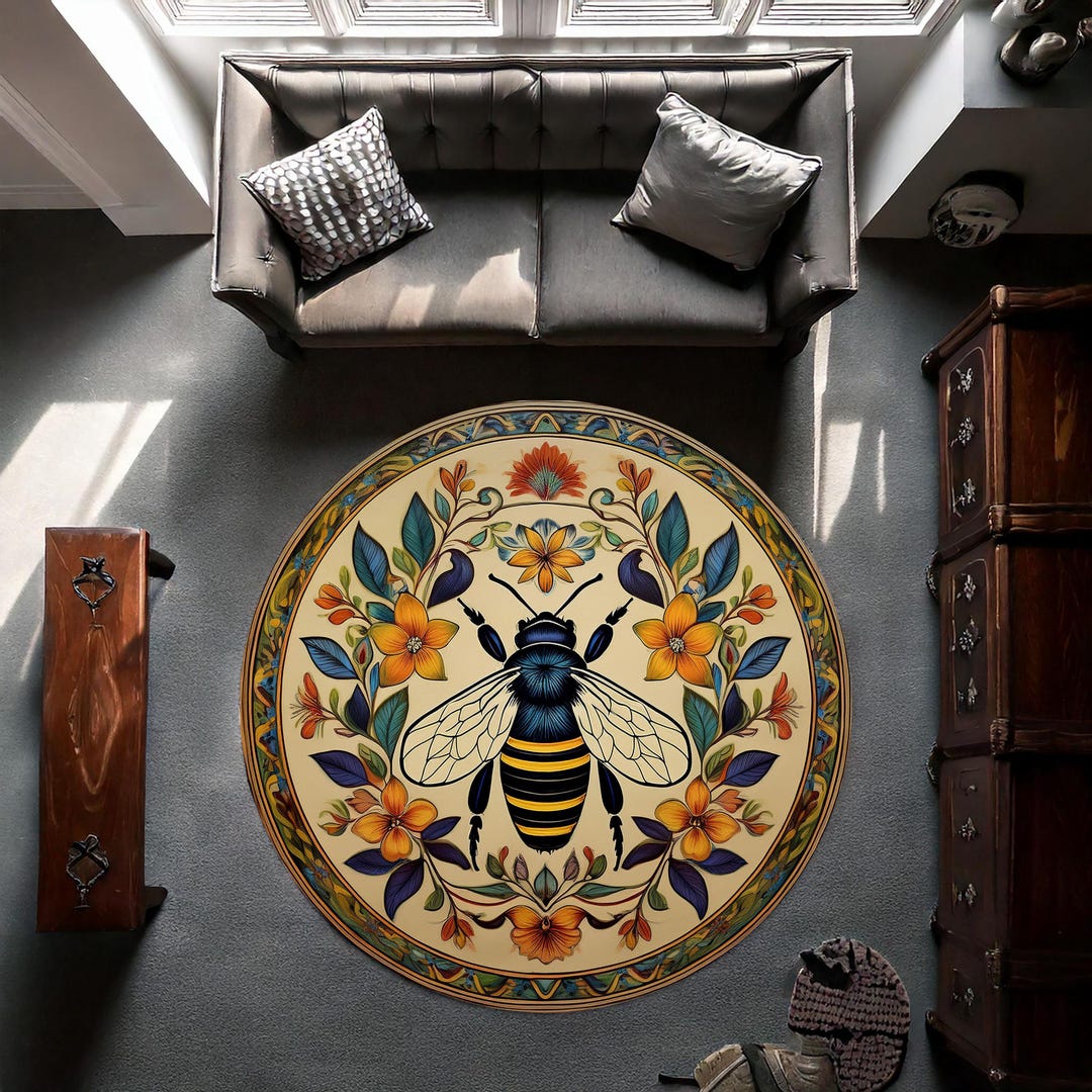 Floral Bee Rug, Honey Bee Rug, Bee Themed Round Rug, Boho Rug ...