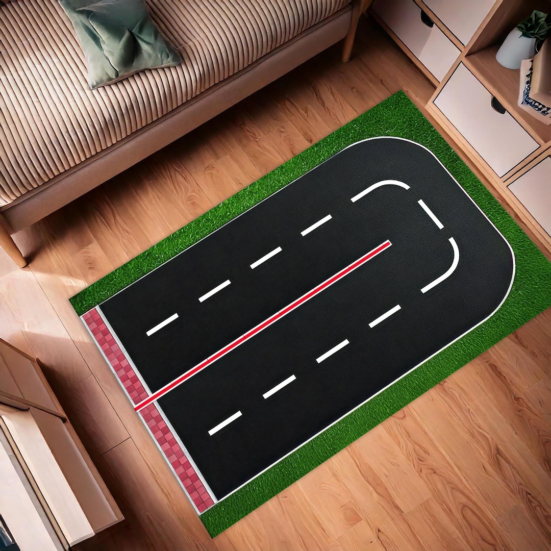 Racetrack Lines Rug, Race Car Road Mat, Track Play Room Mat, Race Track ...
