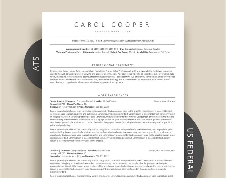Federal Resume Template ATS Friendly Resume, Google Docs Resume for USA ...