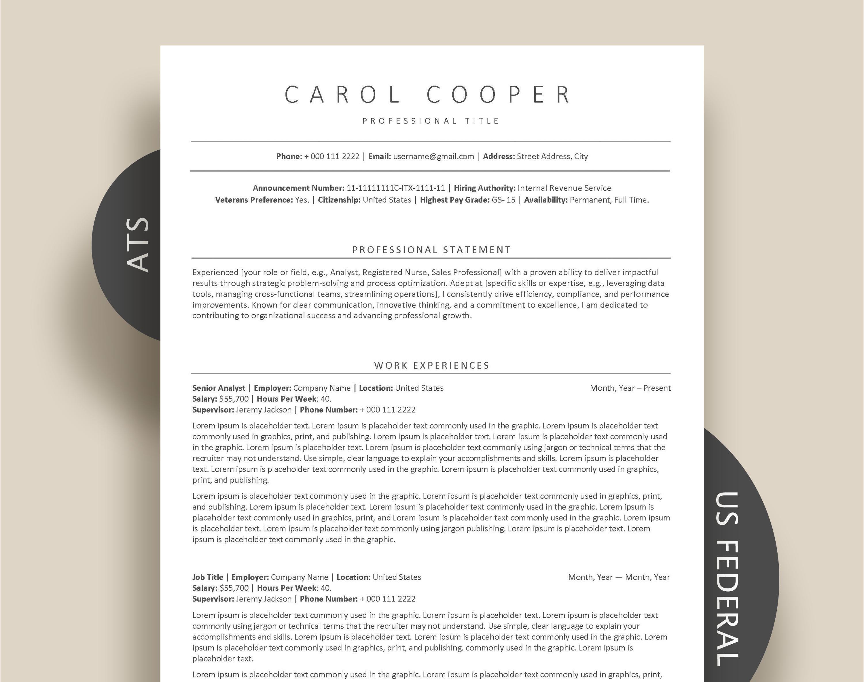 Federal Resume Template ATS Friendly Resume, Google Docs Resume for USA ...