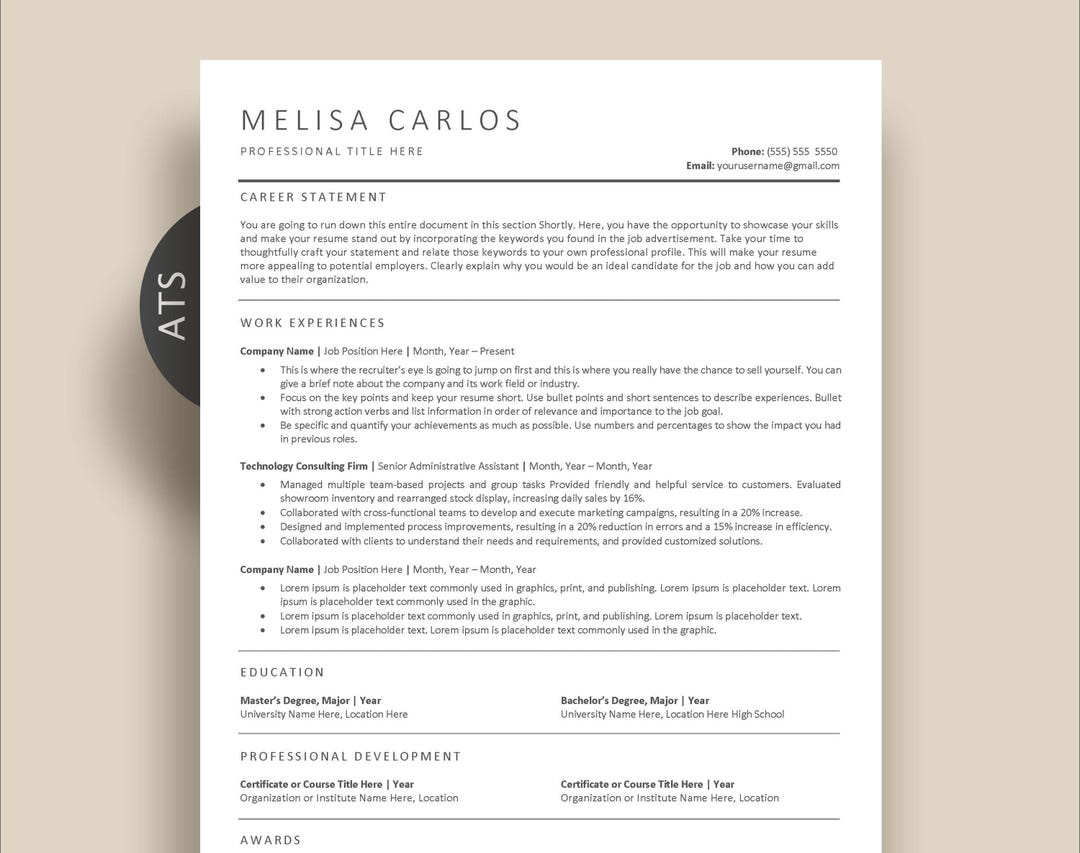 Google Docs Resume Template, Professional Resume Tempalte ATS, Word ...