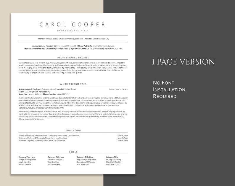 Federal Resume Template ATS Friendly Resume, Google Docs Resume for USA ...