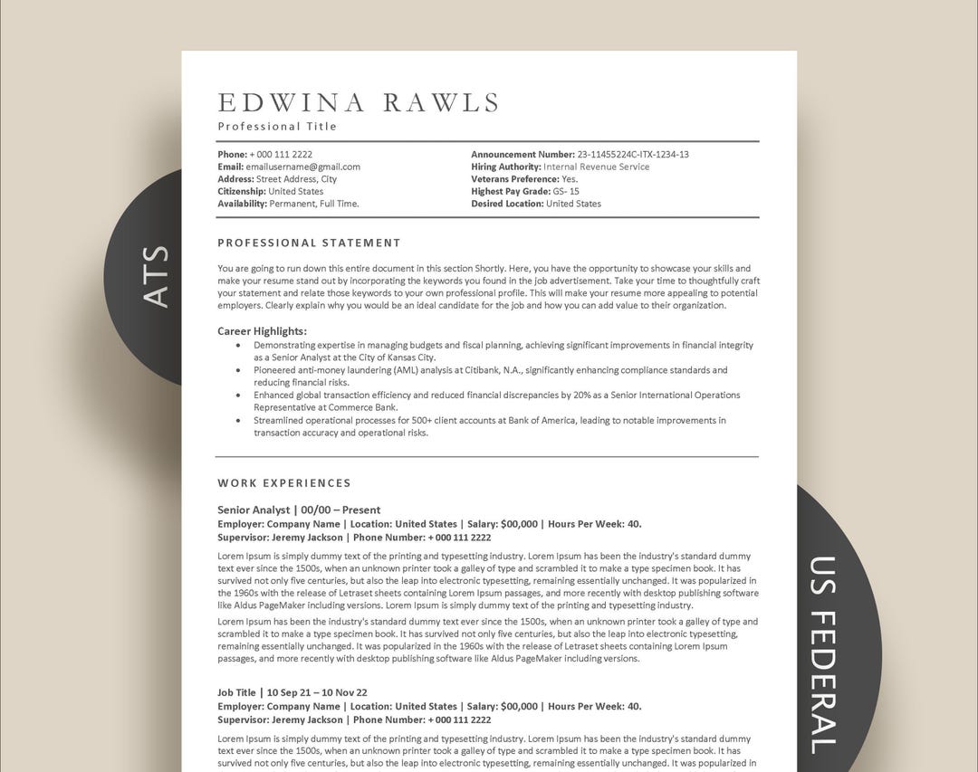 ATS Friendly Google Docs Resume, Federal Resume Template, Word Resume ...