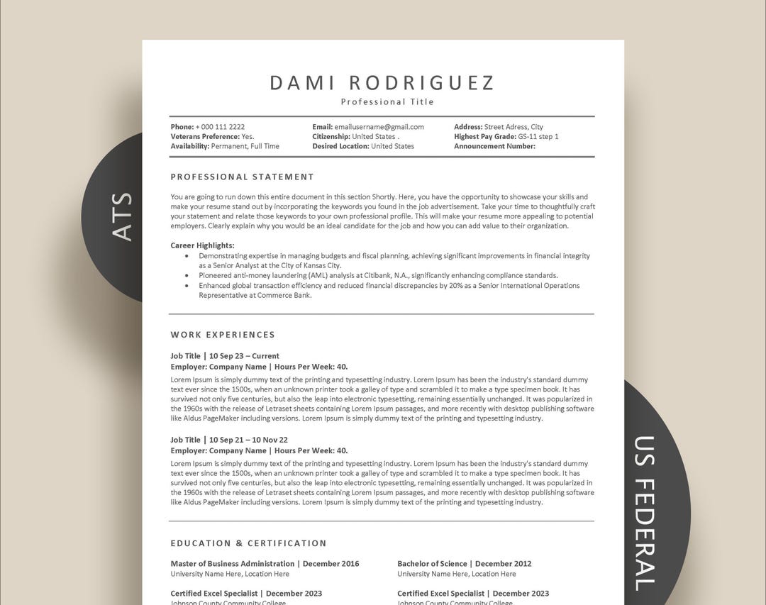 US Government Federal Resume Template ATS Friendly Google Docs Resume ...