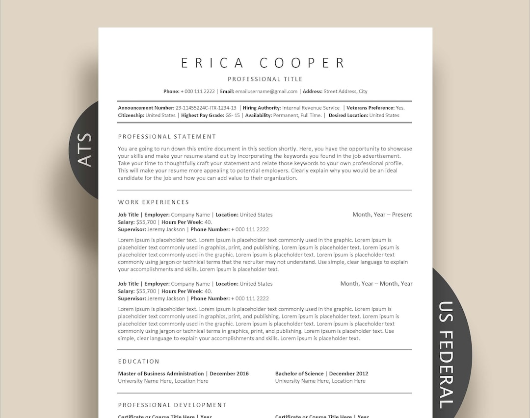 Federal Resume Template: ATS Friendly, USA Jobs, Military Resume ...