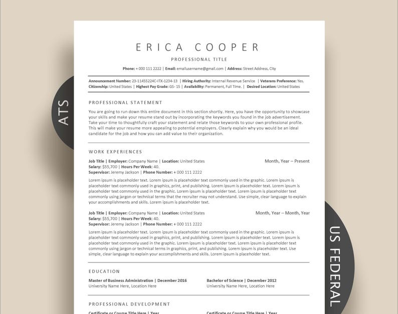 Federal Resume Template: ATS Friendly, USA Jobs, Military Resume ...