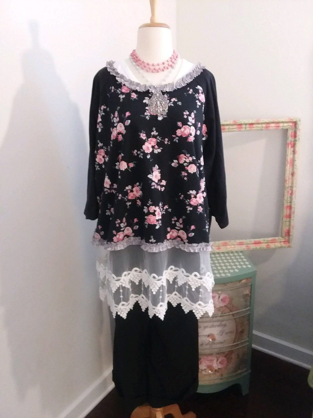 Womens Upcycled Top, Floral Lace Blouse, Repurposed Shirt, OOAK, Boho ...