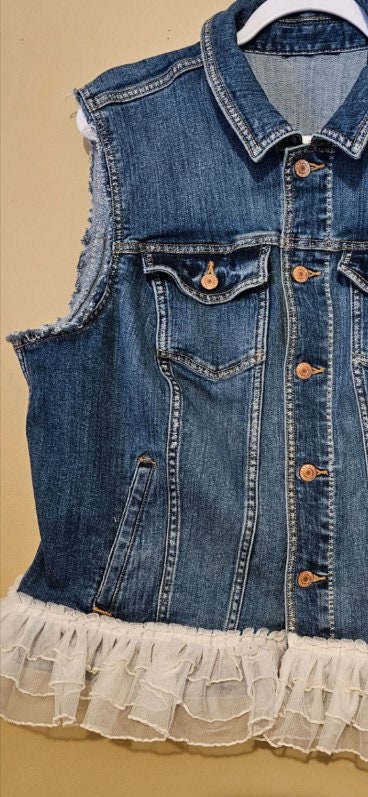 Boho Denim Vest, Upcycled Repurposed Denim Jacket, Distressed Jean ...