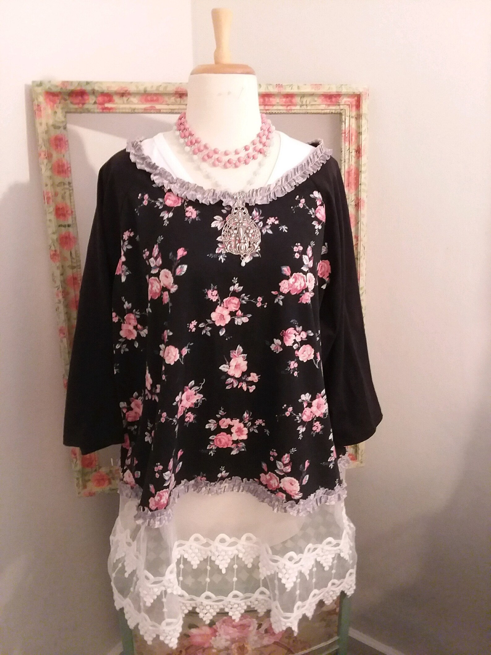 Womens Upcycled Top, Floral Lace Blouse, Repurposed Shirt, OOAK, Boho ...