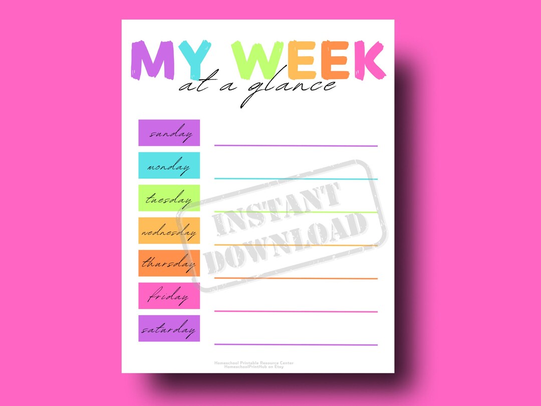 Bright Rainbow Weekly Calendar - Week at a Glance Printable Planner ...