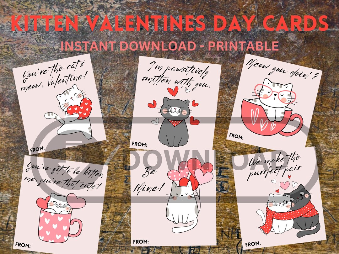 Adorable Printable Cat Valentine's Day Cards Instant Download Set of 6 ...
