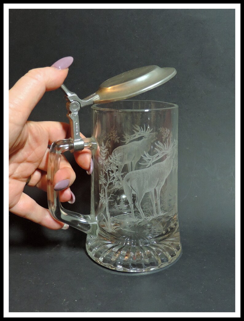 West German ALWE Beer Mug Stein Glass, Etched Picture With Deer Forest ...