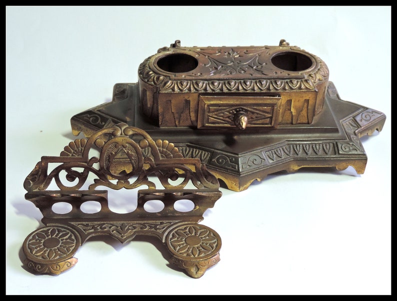 Antique Brass Bradley & Hubbard Double Desk Top INKWELL Vintage ...