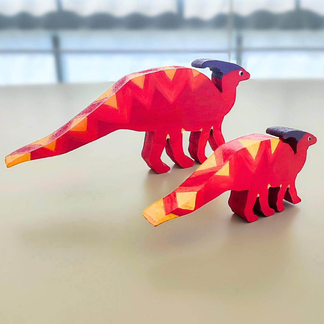 Handmade Wooden Dinosaur Set – Large and Small Parasaurolophus | Wooden ...